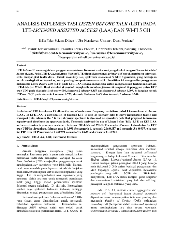 Analisis Implementasi Listen Before Talk (LBT) Pada Lte-Licensed ...