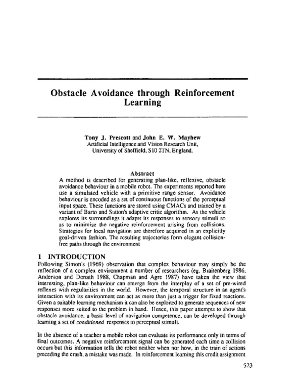 (PDF) Obstacle avoidance through reinforcement learning