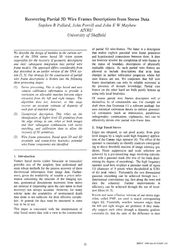 (PDF) Recovering partial 3D wire frames descriptions from stereo data | John Mayhew - Academia.edu