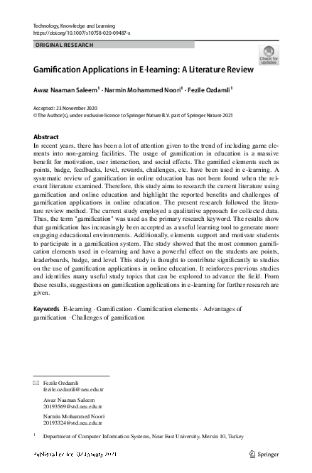 Pdf Gamification Applications In E Learning A Literature Review