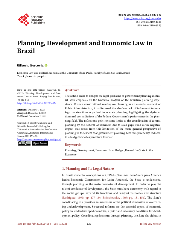 (PDF) Planning, Development and Economic Law in Brazil