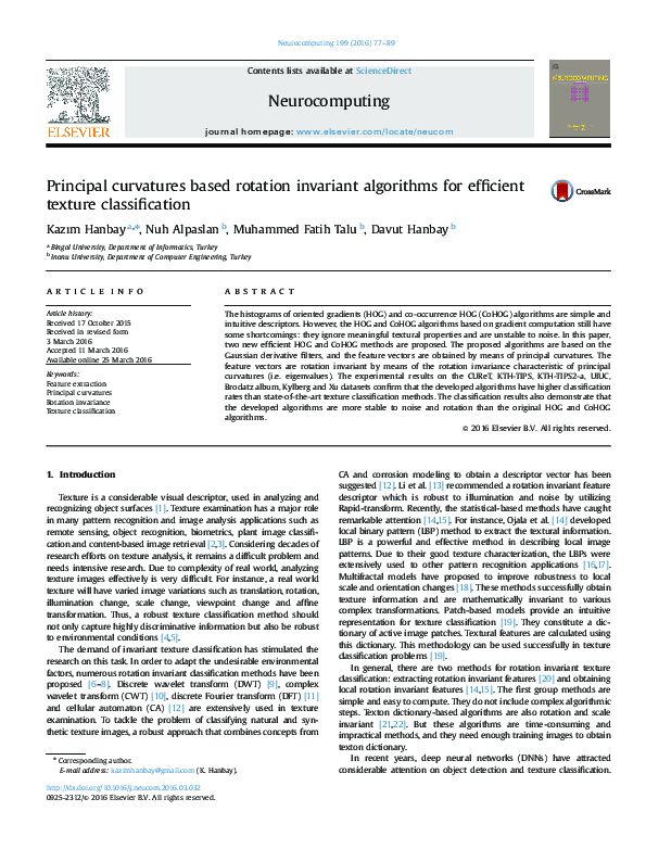 (PDF) Principal curvatures based rotation invariant algorithms for efficient texture classification