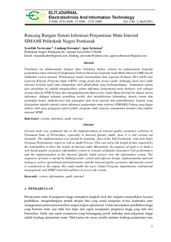 (PDF) Rancang Bangun Sistem Informasi Penjaminan Mutu Internal SIMAMI Politeknik Negeri Pontianak
