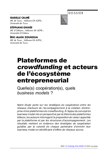 (PDF) Plateformes decrowdfundinget acteurs de l’écosystème entrepreneurial