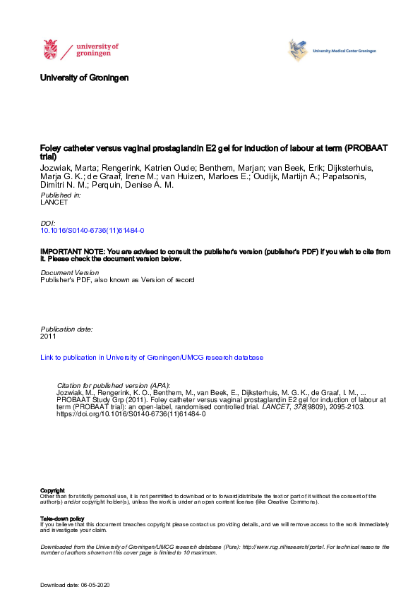 (PDF) Foley Catheter vs Prostaglandin for Labor Induction