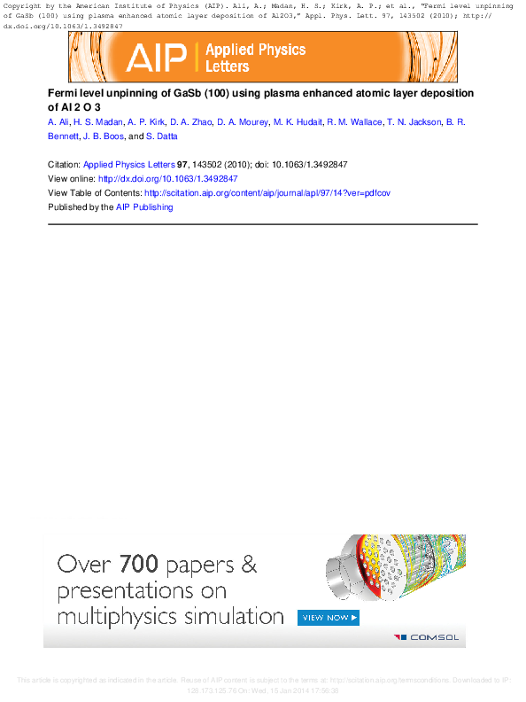 (PDF) Fermi level unpinning of GaSb (100) using plasma enhanced atomic ...