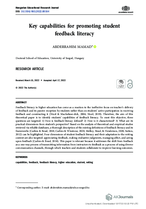 (PDF) Key capabilities for promoting student feedback literacy