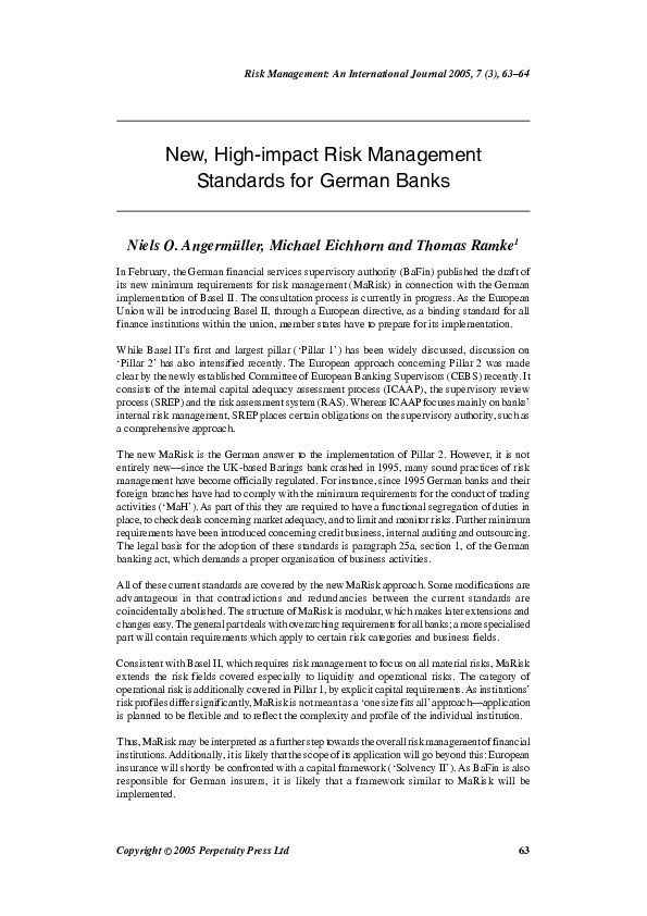 (PDF) New, High-impact Risk Management Standards for German Banks