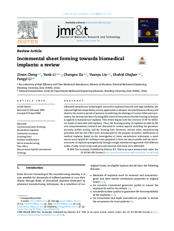 Pdf Incremental Sheet Forming Towards Biomedical Implants A Review