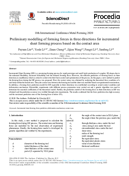 Pdf Preliminary Modelling Of Forming Forces In Three Directions For Incremental Sheet Forming