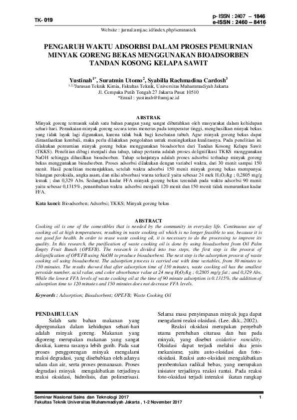 (PDF) Pengaruh Waktu Adsorbsi Dalam Proses Pemurnian Minyak Goreng ...