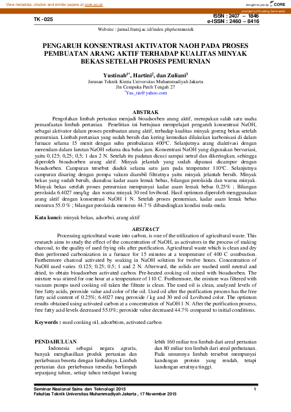 (PDF) Pengaruh Konsentrasi Aktivator Naoh Pada Proses Pembuatan Arang Aktif Terhadap Kualitas ...