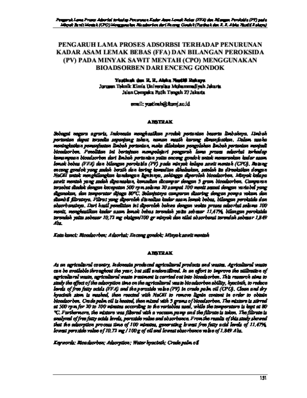 (PDF) Pengaruh Lama Proses Adsorbsi Terhadap Penurunan Kadar Asam Lemak ...