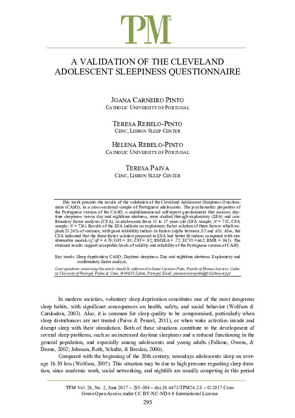Pdf A Validation Of The Cleveland Adolescent Sleepiness Questionnaire