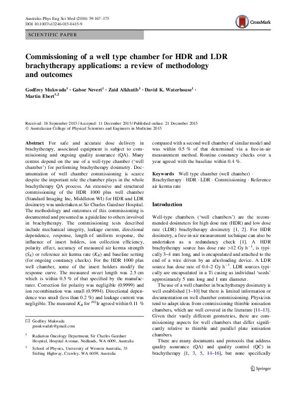 (PDF) Commissioning of a well type chamber for HDR and LDR brachytherapy applications: a review ...