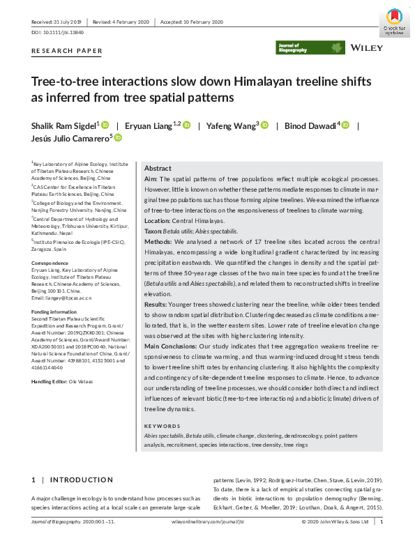 (PDF) Tree‐to‐tree interactions slow down Himalayan treeline shifts as inferred from tree ...