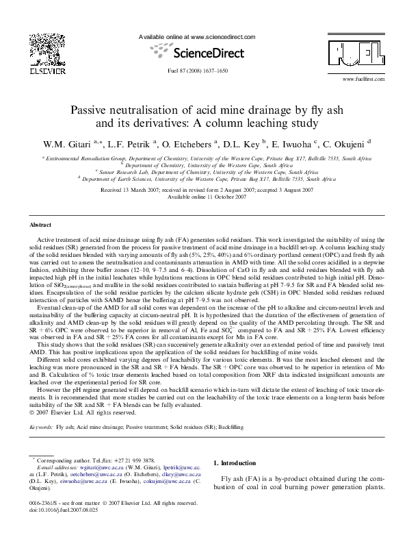 (PDF) Passive neutralisation of acid mine drainage by fly ash and its ...