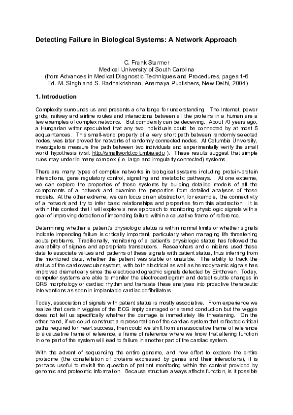 (PDF) Detecting failure in biological systems: A network approach