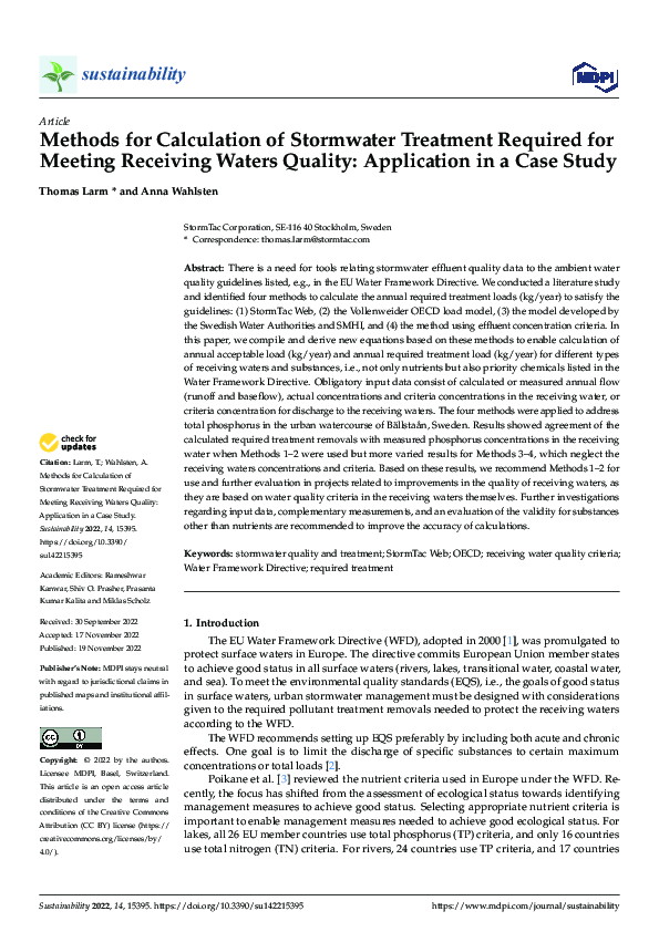 (PDF) Methods for Calculation of Stormwater Treatment Required for Meeting Receiving Waters ...