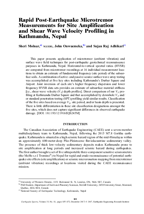 (PDF) Rapid Post-Earthquake Microtremor Measurements for Site Amplification and Shear Wave ...