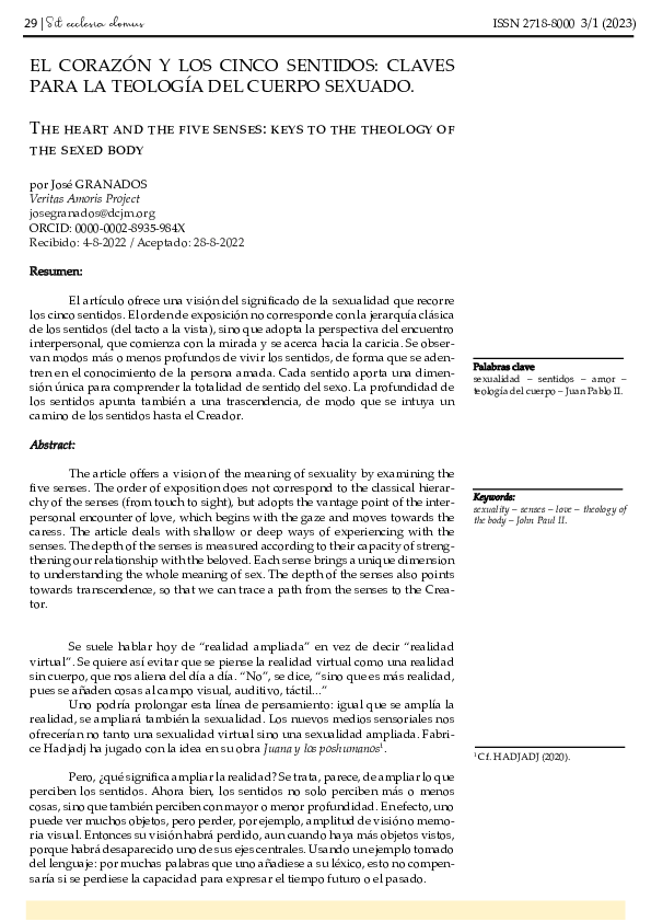 (PDF) EL CORAZÓN Y LOS CINCO SENTIDOS: CLAVES PARA LA TEOLOGÍA DEL CUERPO SEXUADO. THE HEART AND ...