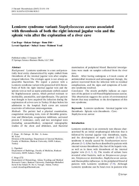 (PDF) Lemierre syndrome variant: Staphylococcus aureus associated with ...