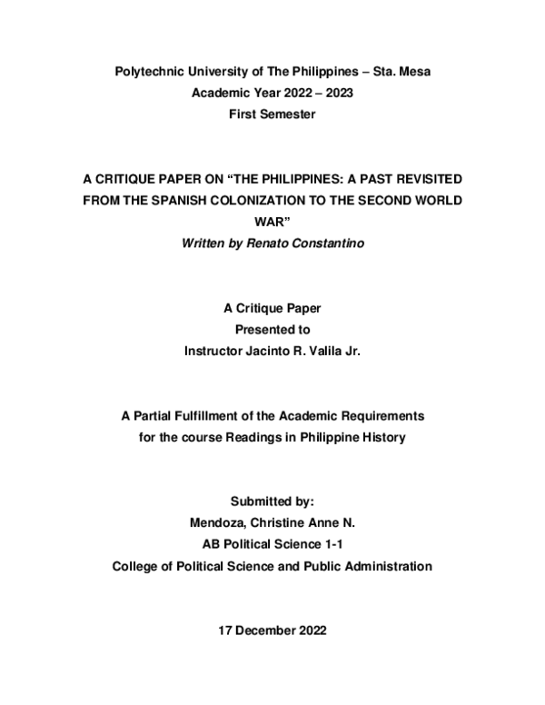 (PDF) A CRITIQUE PAPER ON THE PHILIPPINES: A PAST REVISITED BY MENDOZA ...