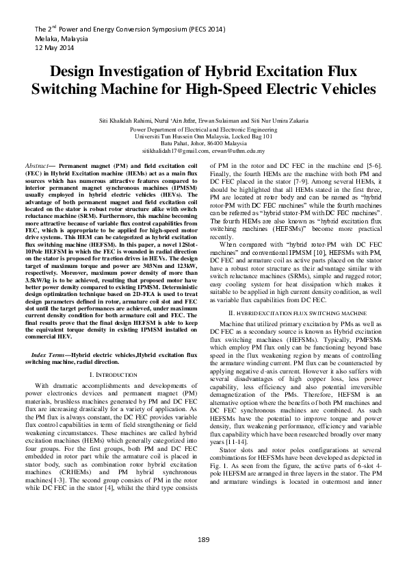 Pdf Design Investigation Of Hybrid Excitation Flux Switching Machine For High Speed Electric