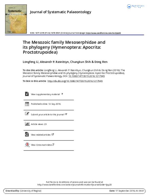 (PDF) The Mesozoic family Mesoserphidae and its phylogeny (Hymenoptera ...
