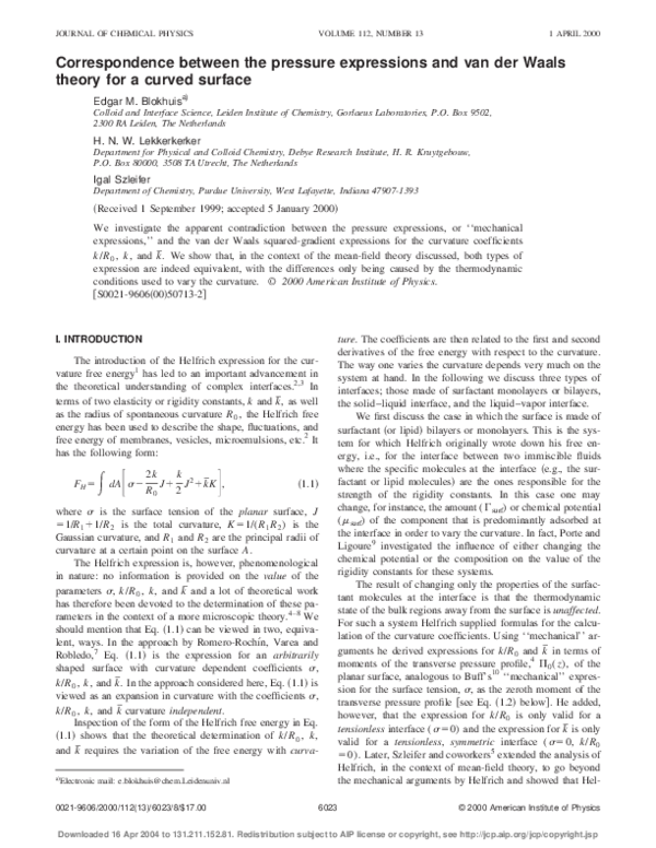 (PDF) Correspondence between the pressure expressions and van der Waals ...