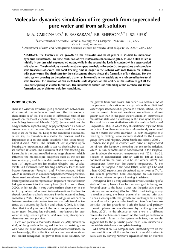 (PDF) Molecular dynamics simulation of ice growth from supercooled pure ...