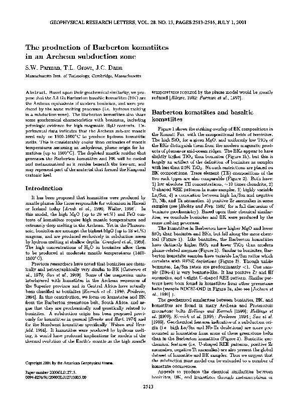 (PDF) The production of Barberton komatiites in an Archean Subduction Zone