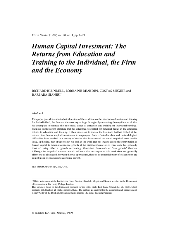 (PDF) Human Capital Investment: The Returns from Education and Training ...