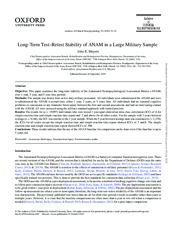 (PDF) Long-Term Test–Retest Stability of ANAM in a Large Military Sample