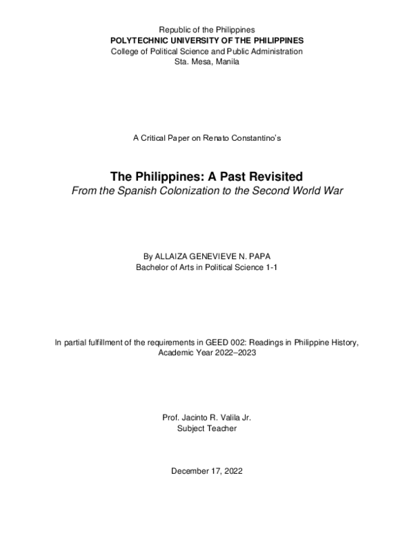 (PDF) The Philippines: A Past Revisited (A critical paper)
