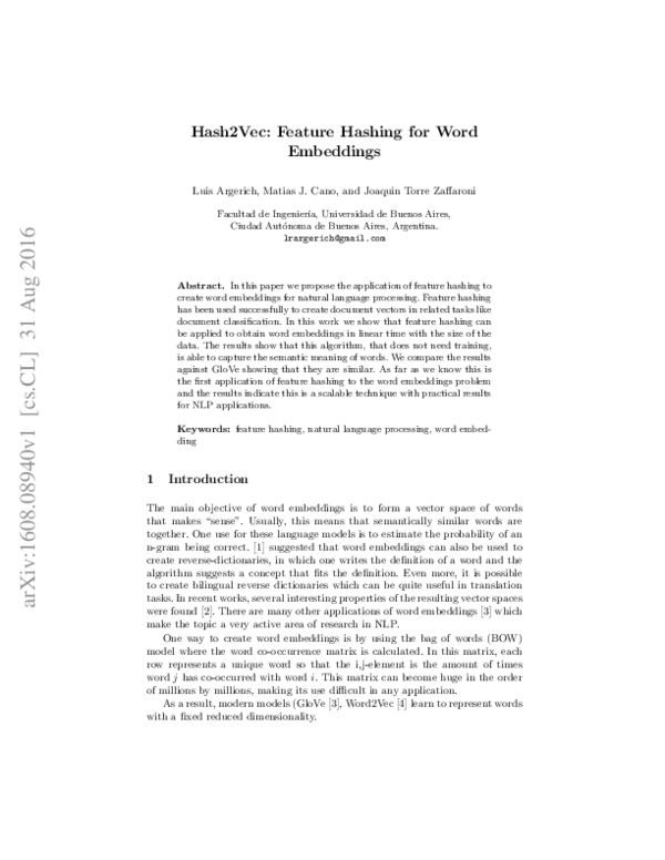 Pdf Hash2vec Feature Hashing For Word Embeddings Luis Argerich