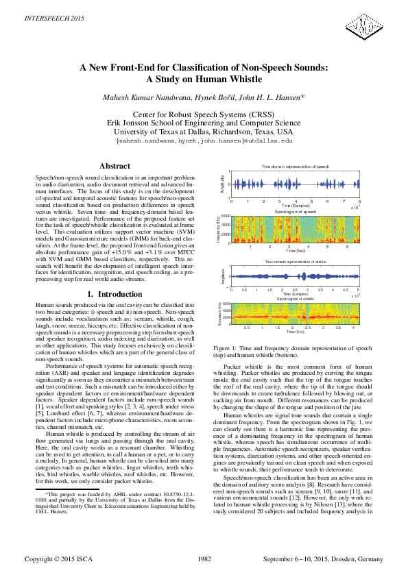 (PDF) A new front-end for classification of non-speech sounds: a study on human whistle