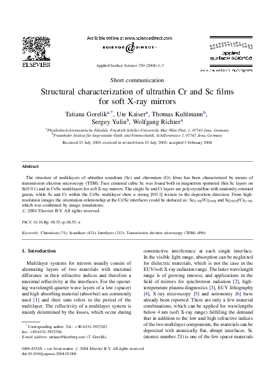 (PDF) Structural characterization of ultrathin Cr and Sc films for soft X-ray mirrors | Tatiana ...