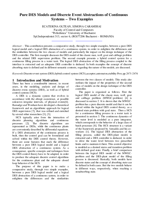 (PDF) Pure DES Models and Discrete Event Abstractions of Continuous Systems Two Examples ...