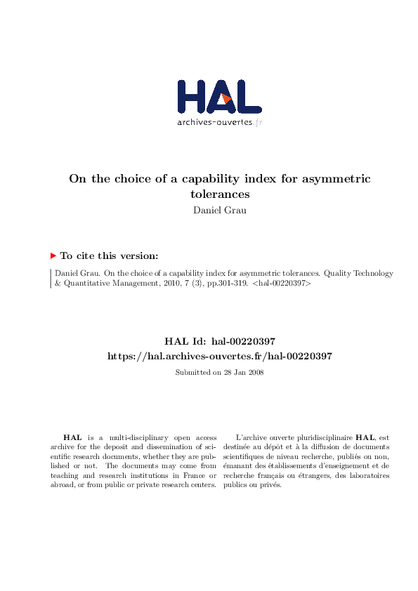 (PDF) On the Choice of a Capability Index for Asymmetric Tolerances