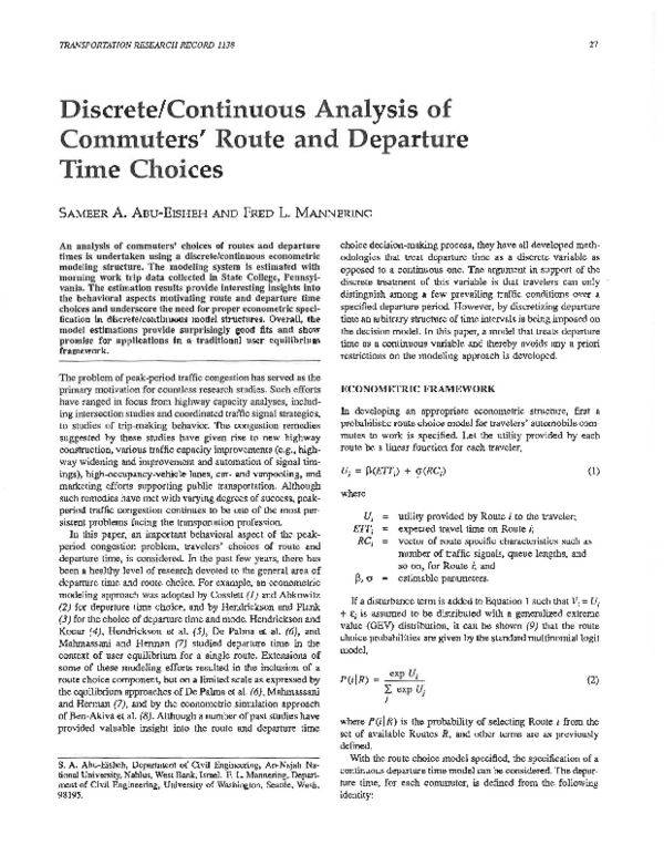 (PDF) Discrete/Continuous Analysis of Commuters'Route and Departure Time Choices | Sameer Abu ...
