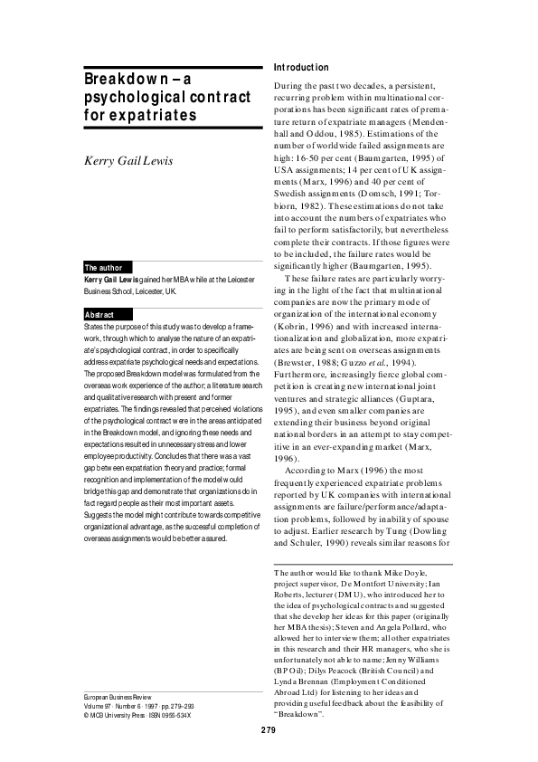 (PDF) Breakdown ‐ a psychological contract for expatriates