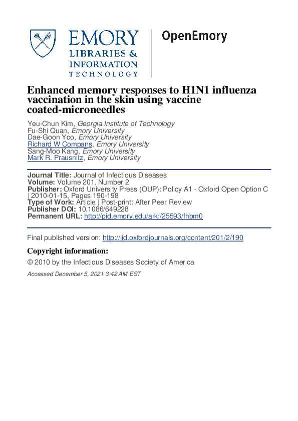 (PDF) Enhanced memory responses to H1N1 influenza vaccination in the ...