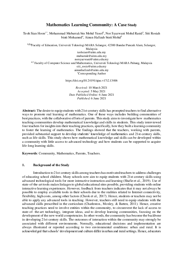 (PDF) Mathematics Learning Community: A Case Study