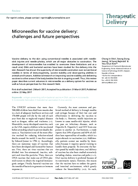 (PDF) Microneedles for vaccine delivery: challenges and future perspectives