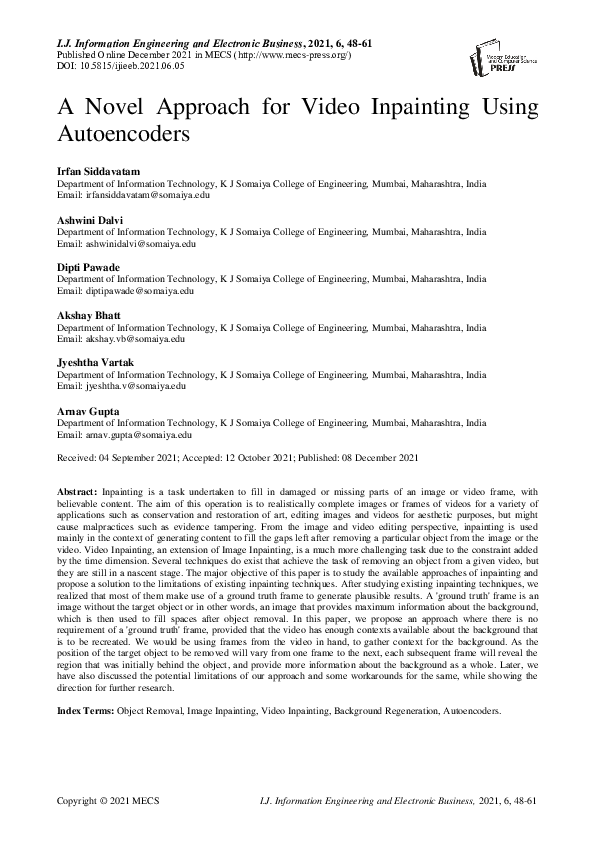 (PDF) A Novel Approach for Video Inpainting Using Autoencoders