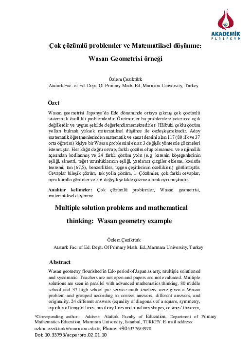(PDF) Multiple solution problems and mathematical thinking: Wasan ...