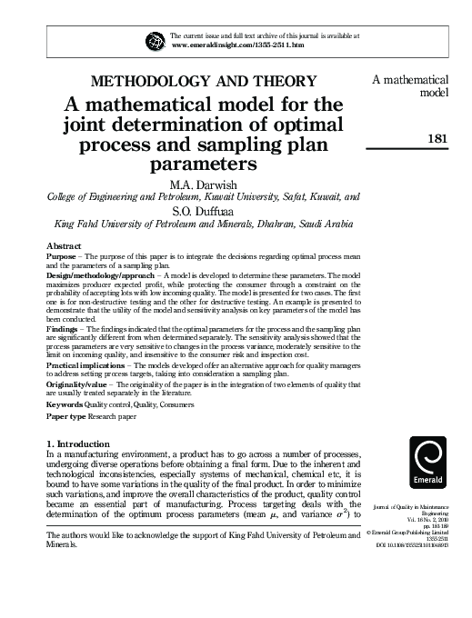 (PDF) A mathematical model for the joint determination of optimal process and sampling plan ...