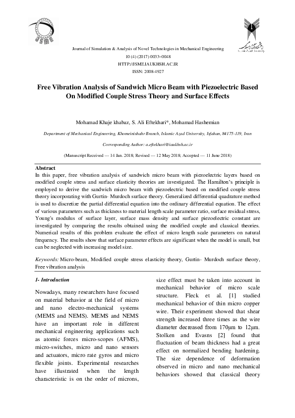 Pdf Free Vibration Analysis Of Sandwich Micro Beam With Piezoelectric Based On Modified Couple