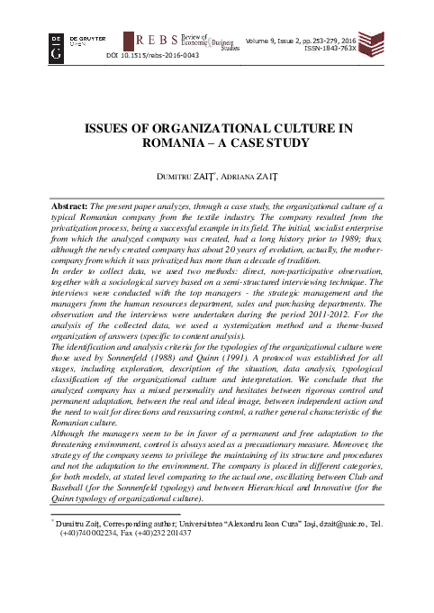 (PDF) Issues of Organizational Culture in Romania – A Case Study